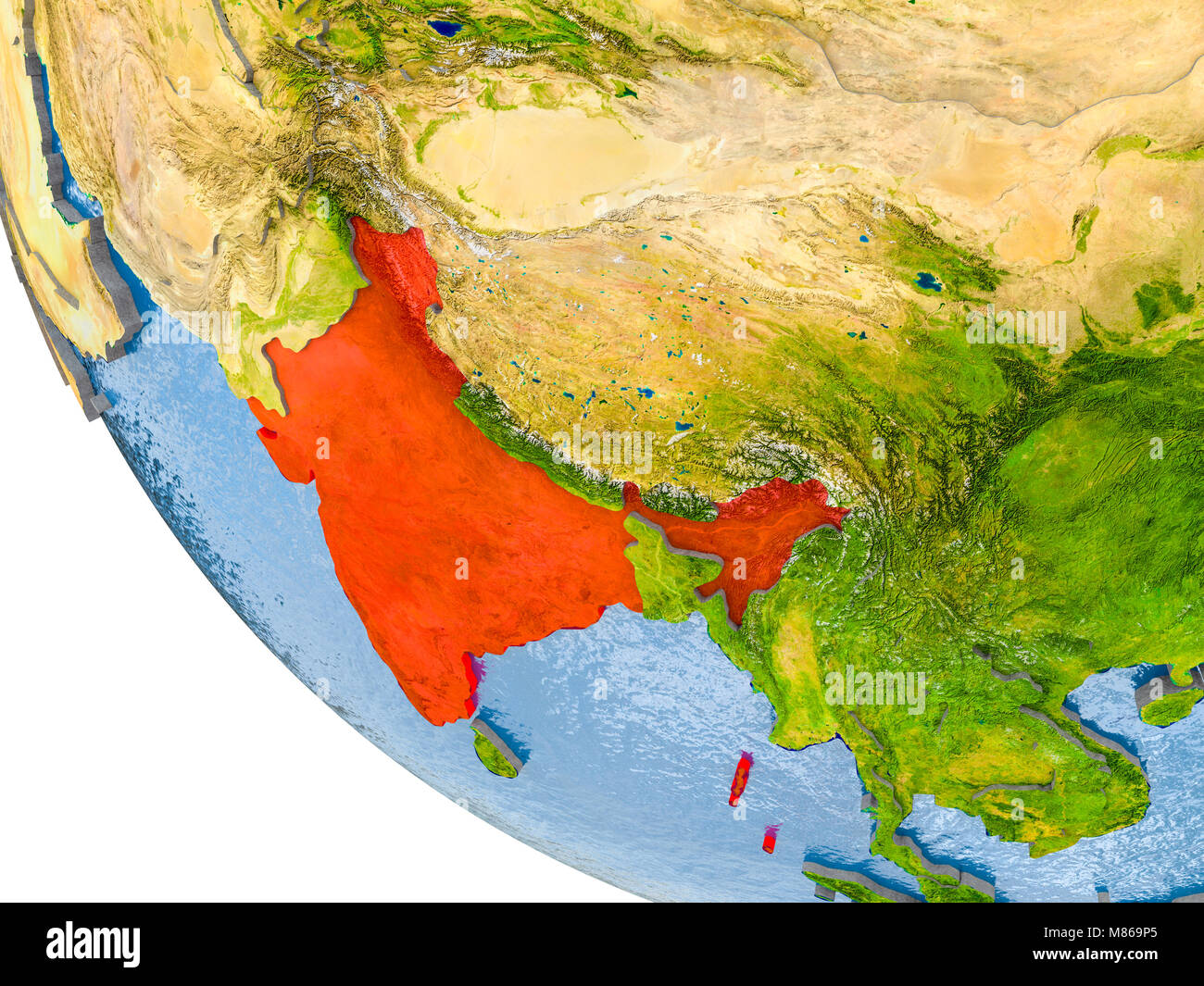 Map of India in red on globe with real planet surface, embossed ...