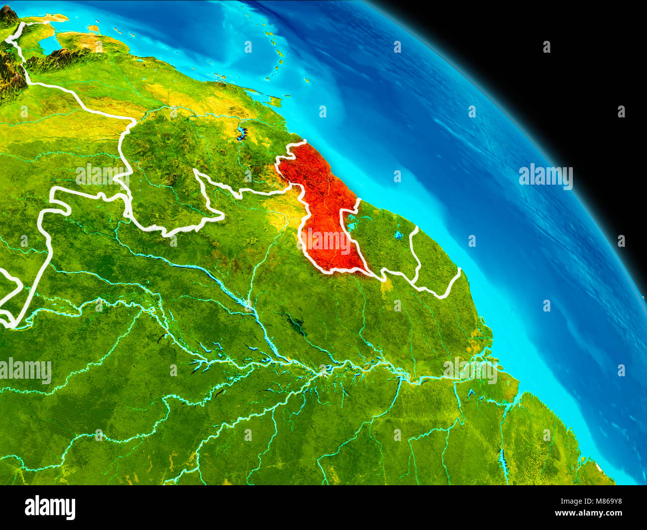 Space orbit view of Guyana highlighted in red on planet Earth with ...