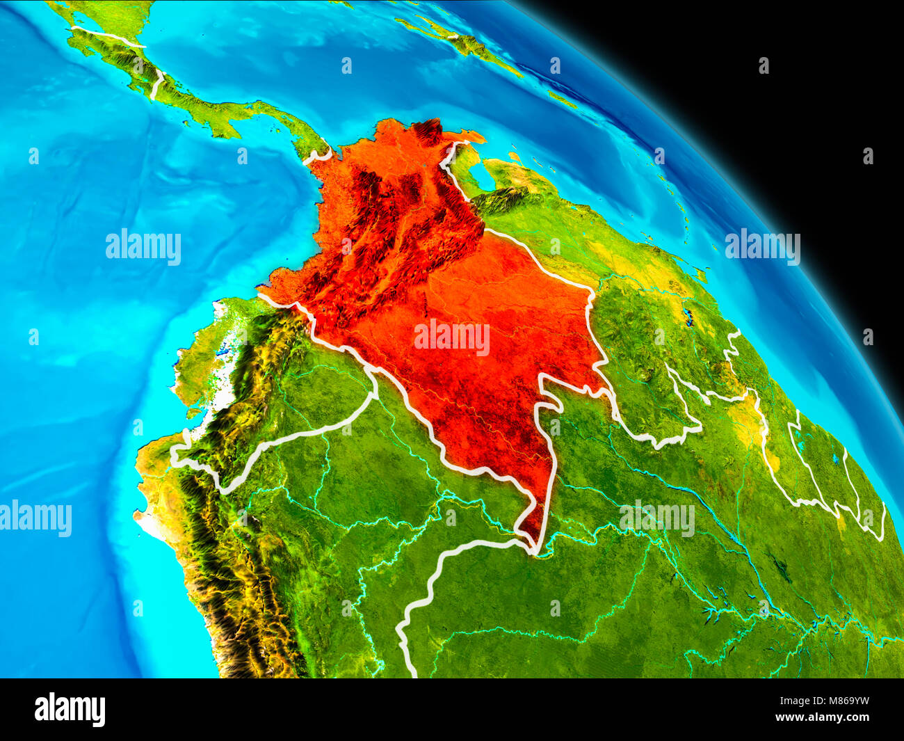 Space orbit view of Colombia highlighted in red on planet Earth with ...