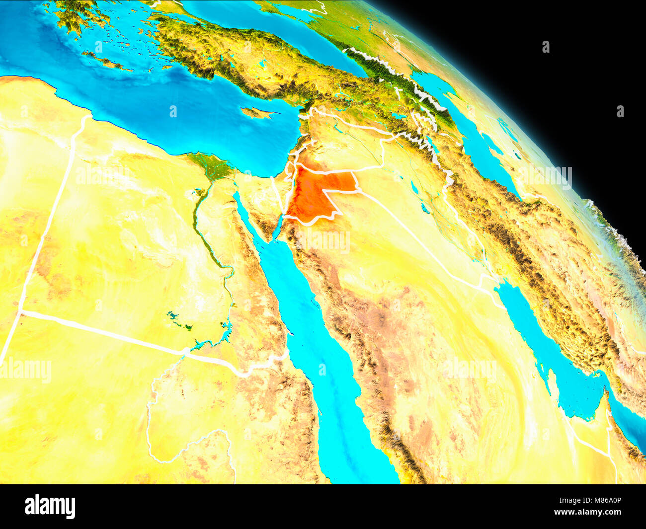 Space orbit view of Jordan highlighted in red on planet Earth with visible borders. 3D ...