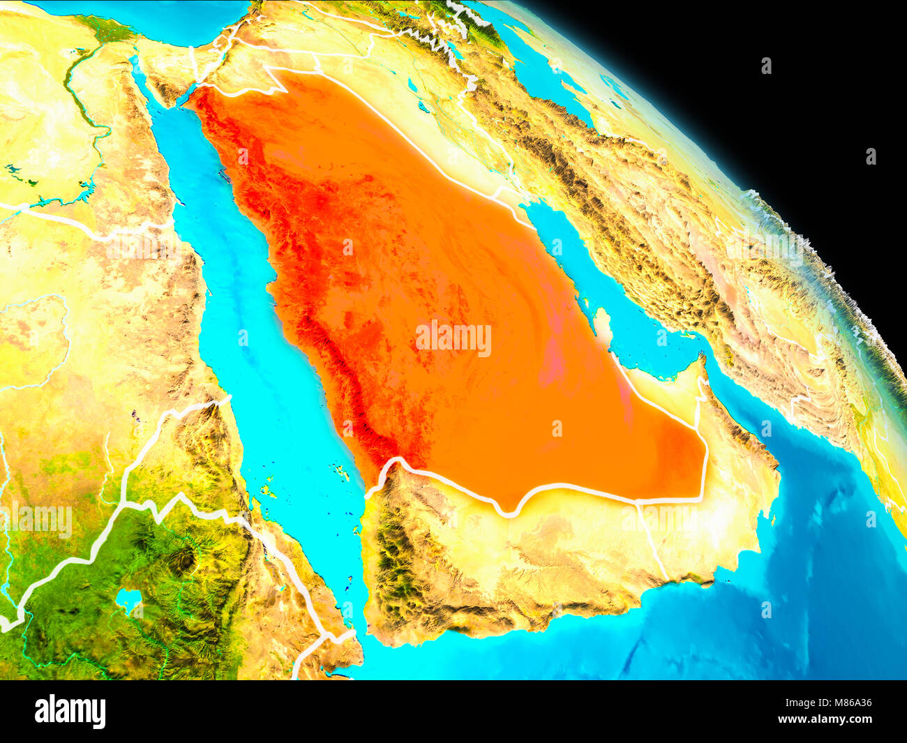 Space orbit view of Saudi Arabia highlighted in red on planet Earth ...