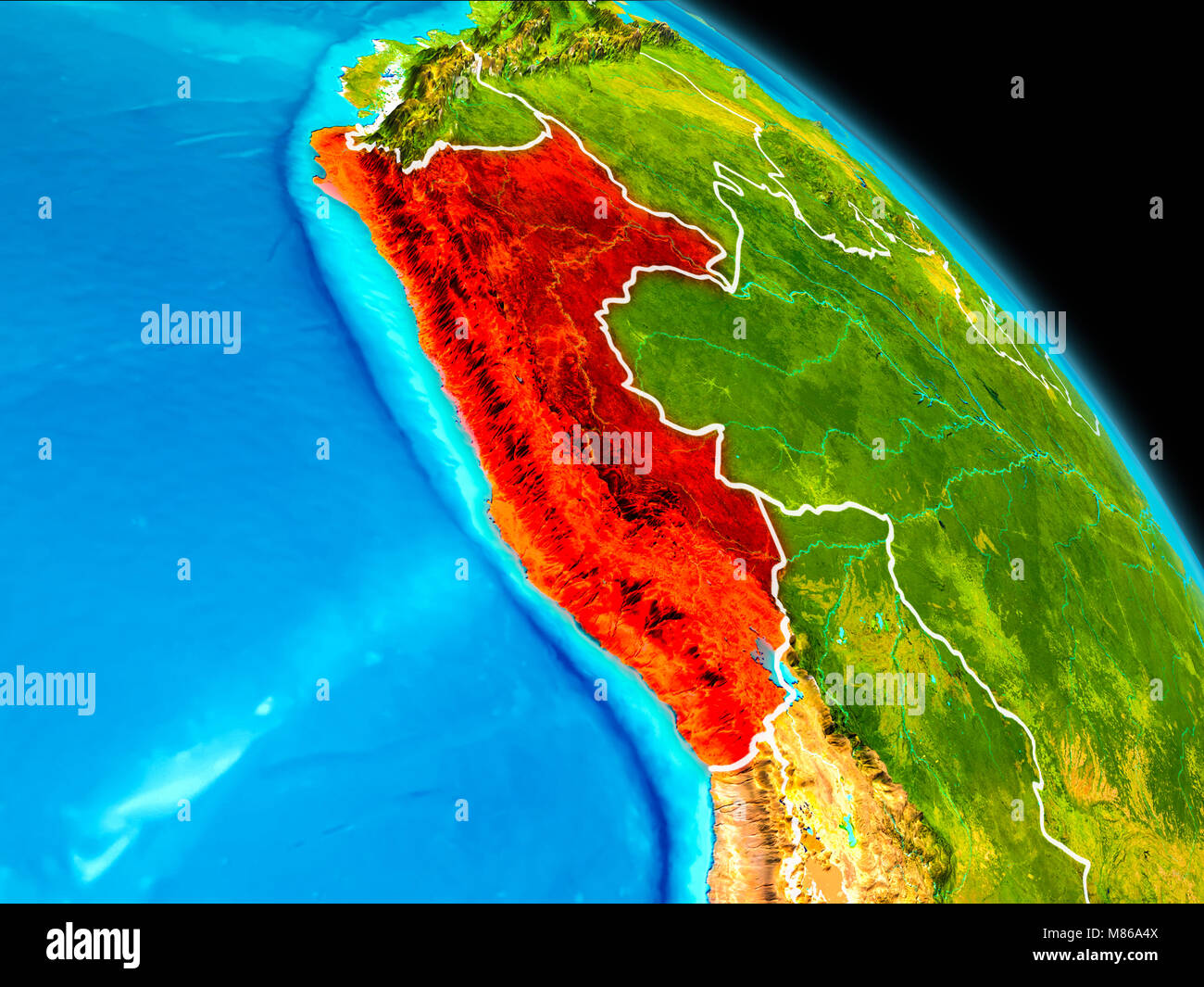 Space orbit view of Peru highlighted in red on planet Earth with ...