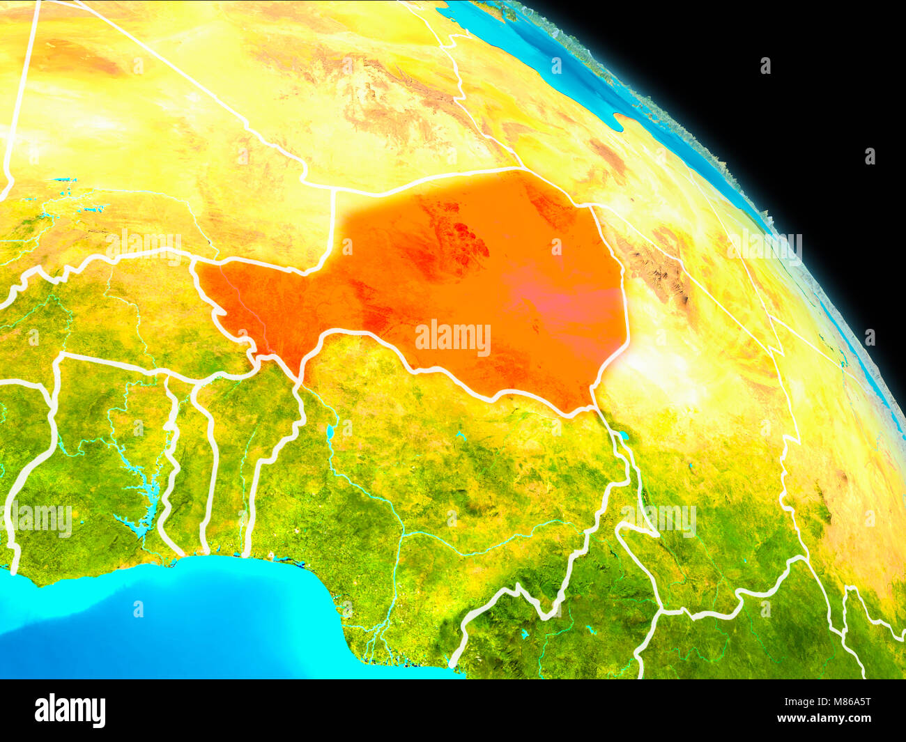 Space orbit view of Niger highlighted in red on planet Earth with ...