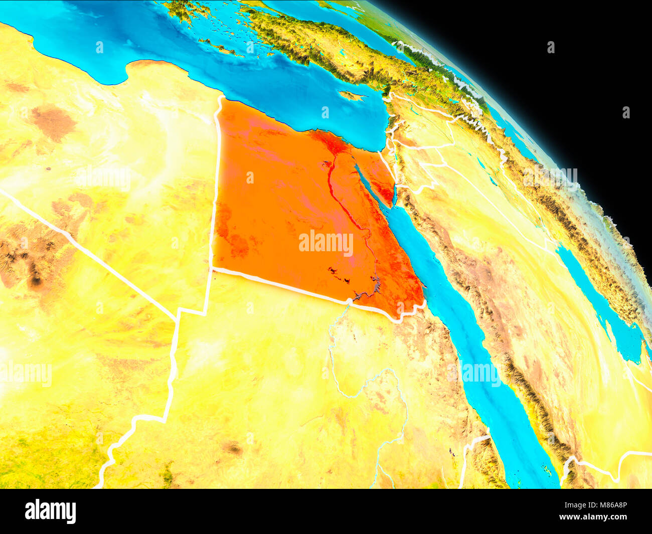 Space orbit view of Egypt highlighted in red on planet Earth with ...