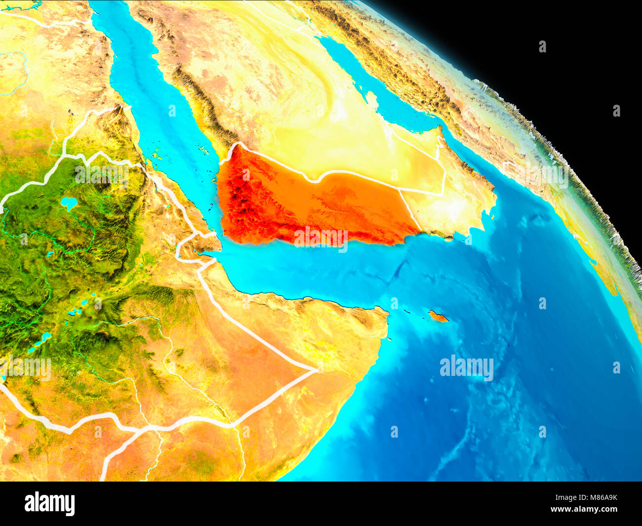 Space orbit view of Yemen highlighted in red on planet Earth with visible borders. 3D ...
