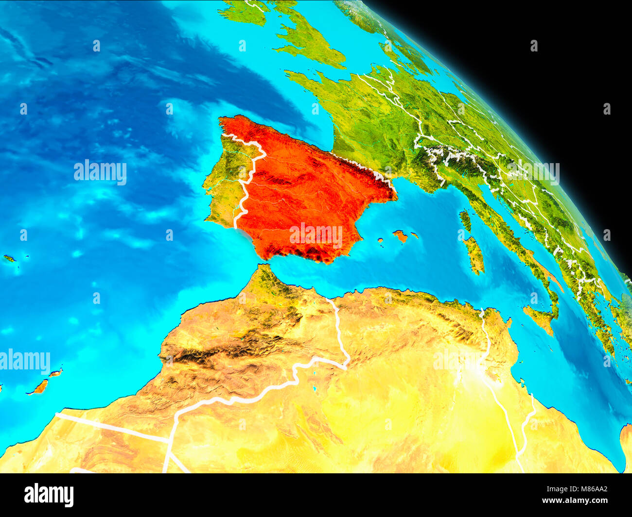 Space orbit view of Spain highlighted in red on planet Earth with ...