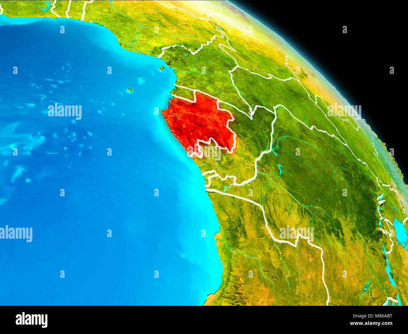 Space orbit view of Gabon highlighted in red on planet Earth with ...