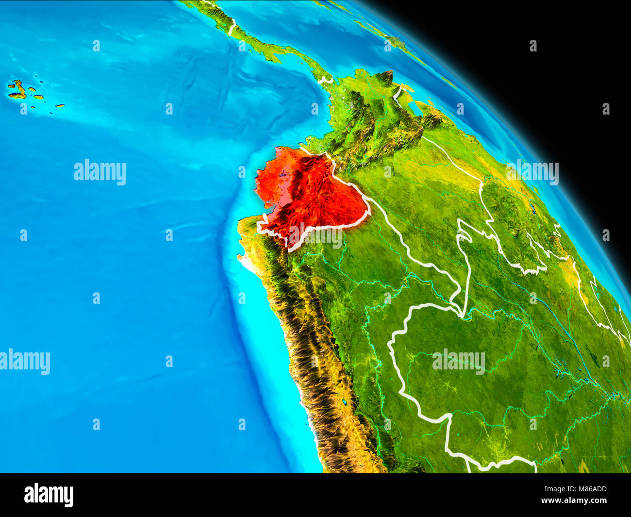 Space orbit view of Ecuador highlighted in red on planet Earth with visible borders. 3D ...
