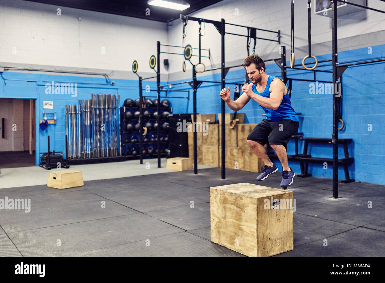 Caucasian Male Performs Box Jumps Stock Photo - Alamy