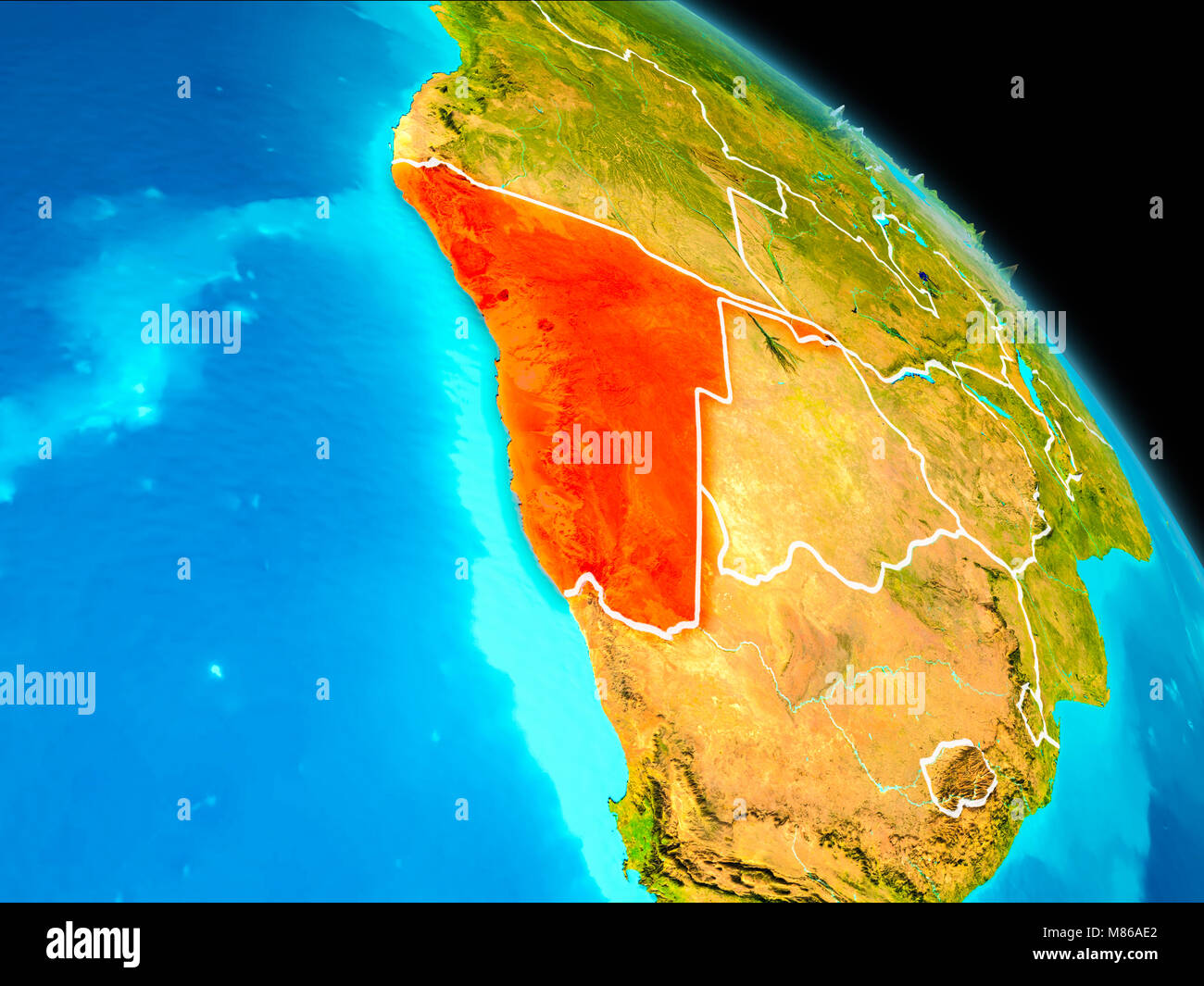 Space orbit view of Namibia highlighted in red on planet Earth with visible borders. 3D ...