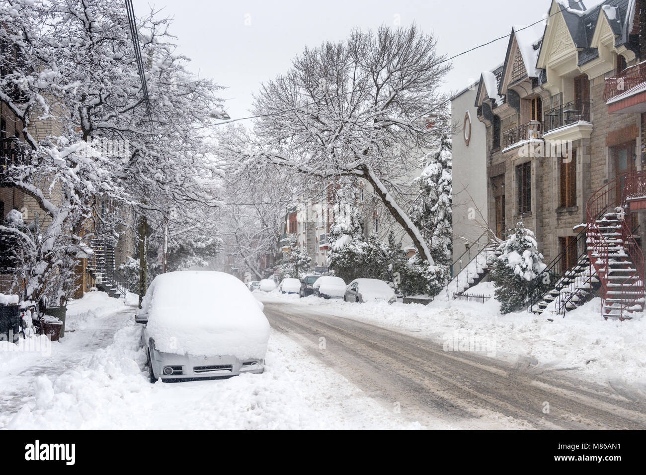City street and cars covered in snow during winter storm in Montreal ...