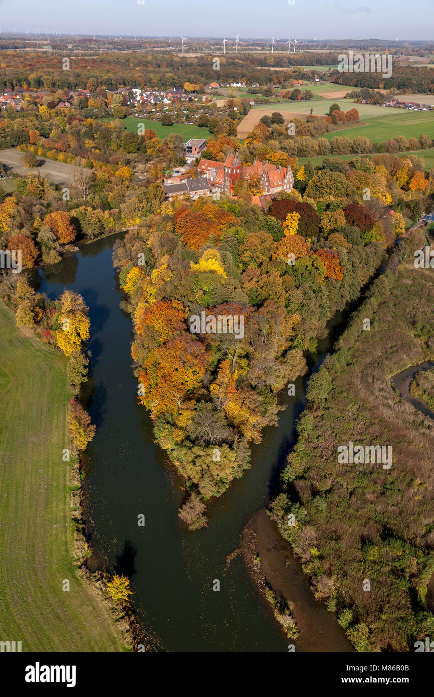 Aerial view, Lippe meanders, Heessen castle in autumn leaves, boarding ...