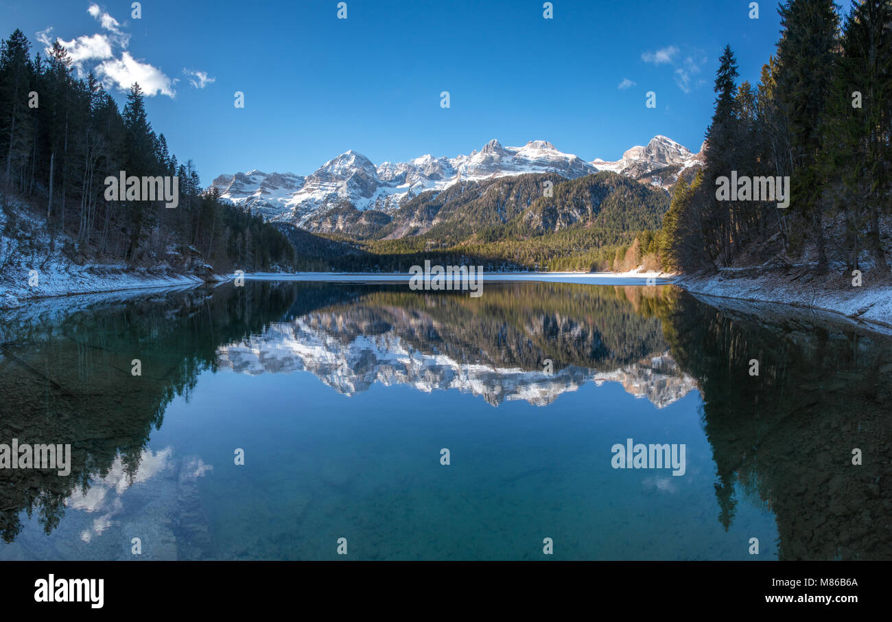 Beautiful mountain reflection in alpine lake, Italian Dolomites ...