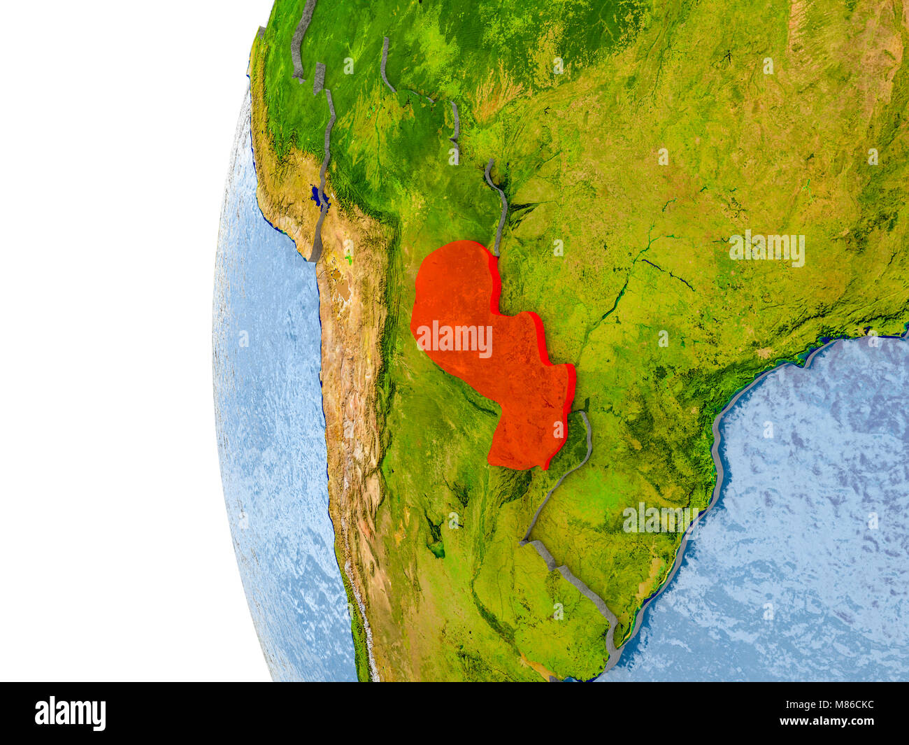 Paraguay in red on globe with real land surface, visible country ...