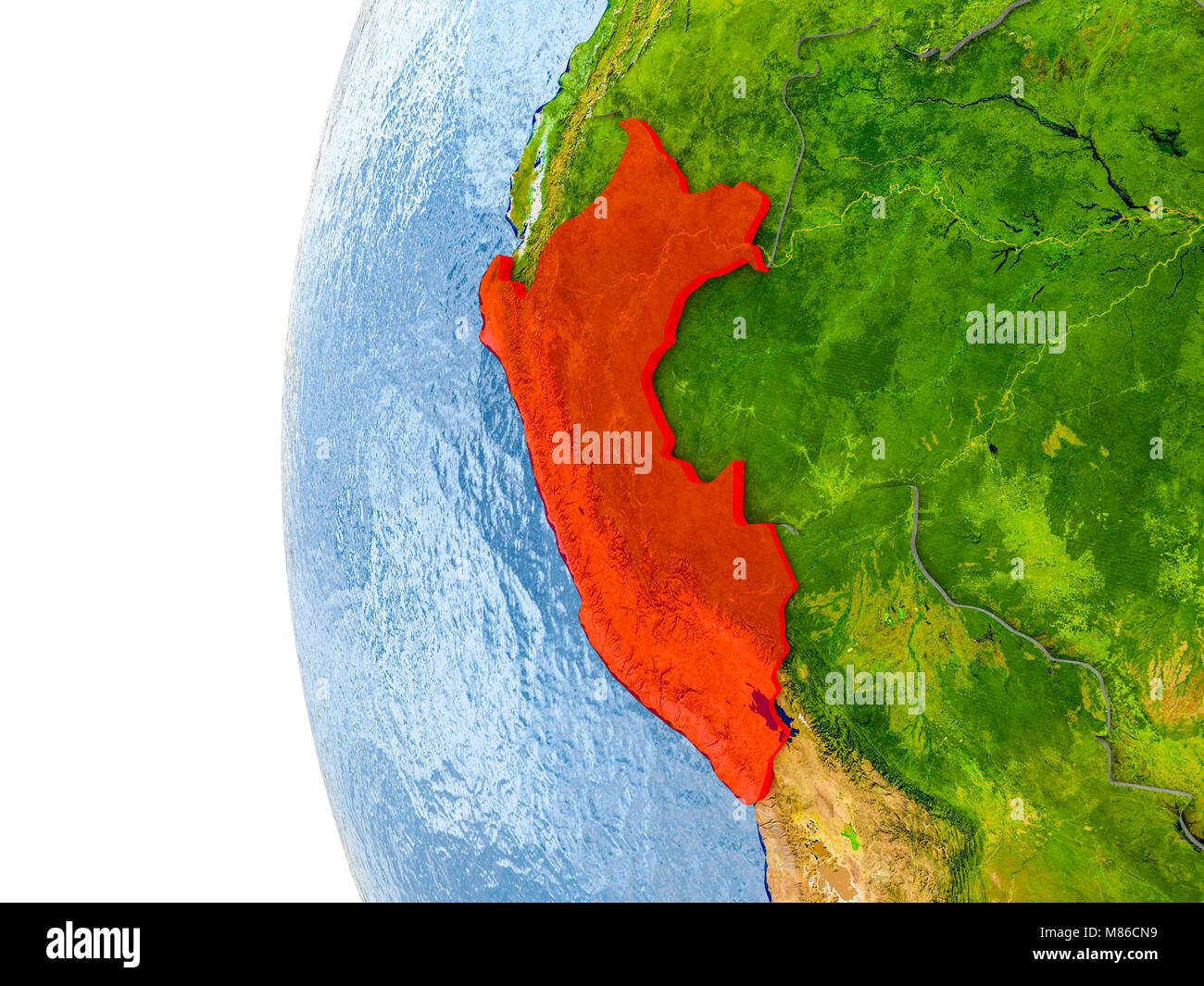 Peru in red on globe with real land surface, visible country borders ...