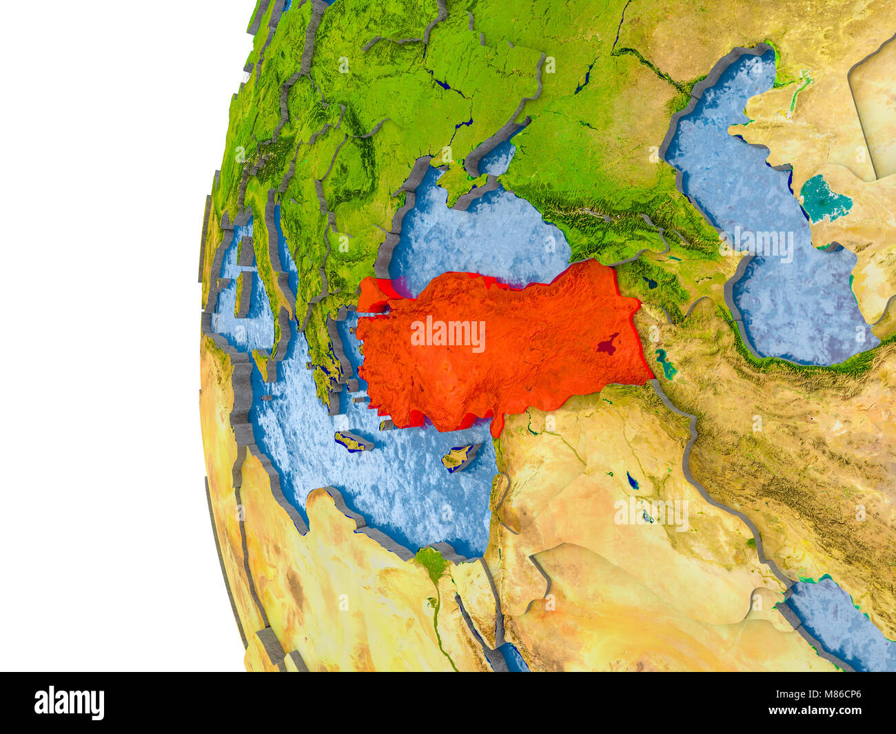Turkey in red on globe with real land surface, visible country borders ...