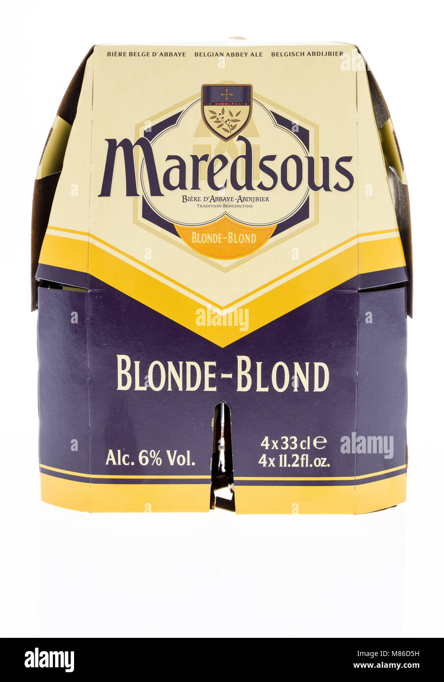 Winneconne, WI - 27 February 2018: A package of Maredsous beer on an ...