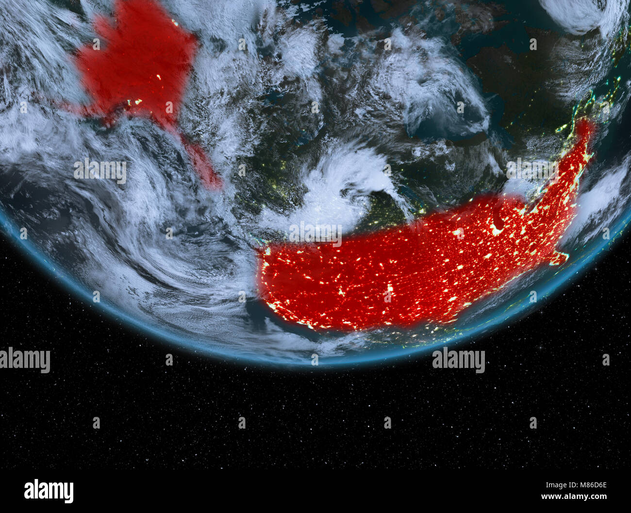 USA at night highlighted in red on planet Earth with clouds. 3D ...