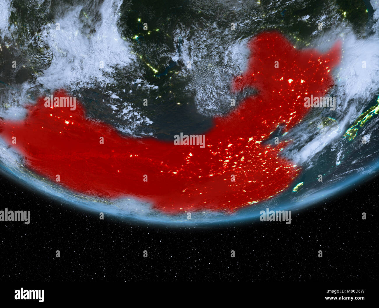 China at night highlighted in red on planet Earth with clouds. 3D illustration. Elements of this ...