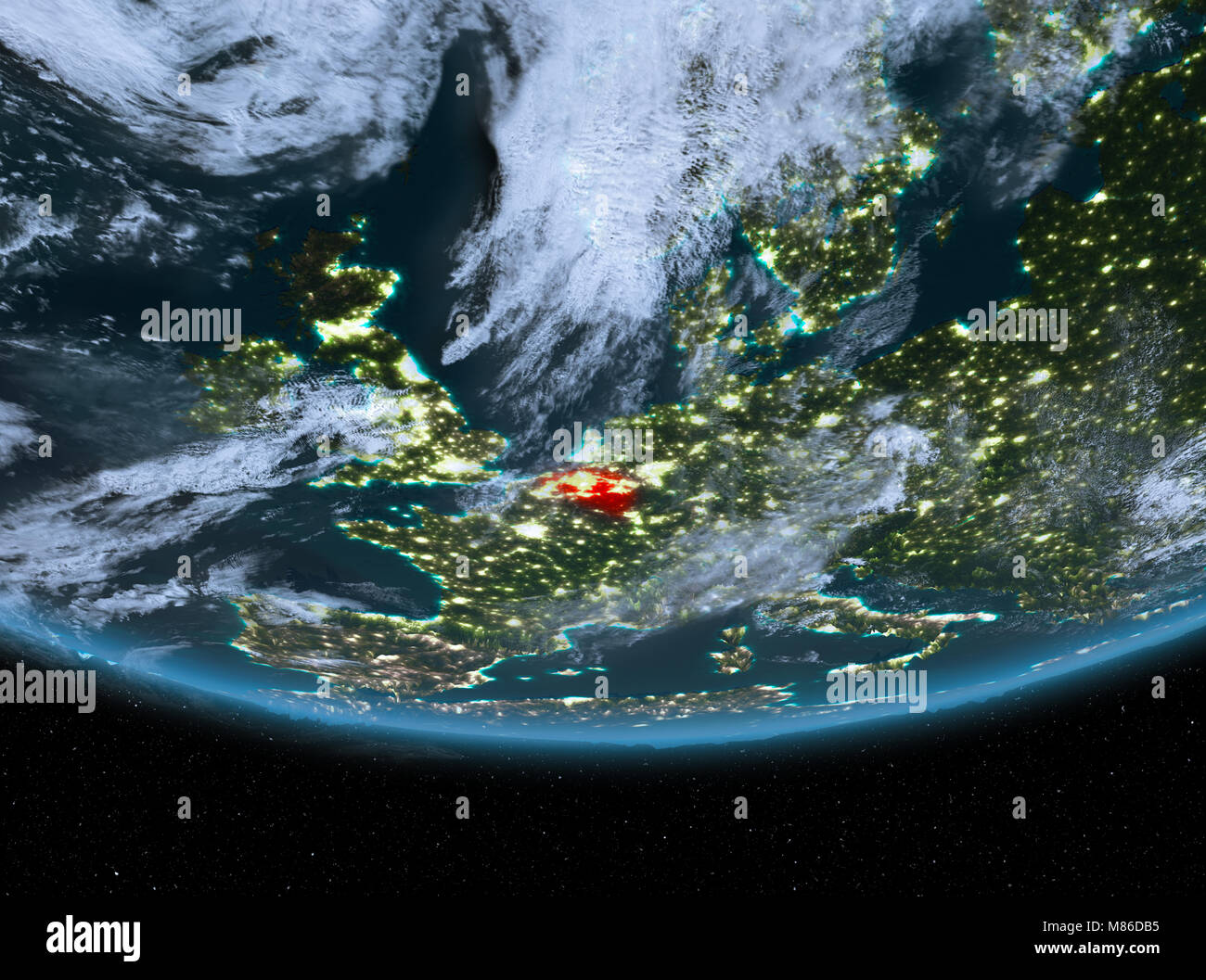 Belgium at night highlighted in red on planet Earth with clouds. 3D illustration. Elements of ...