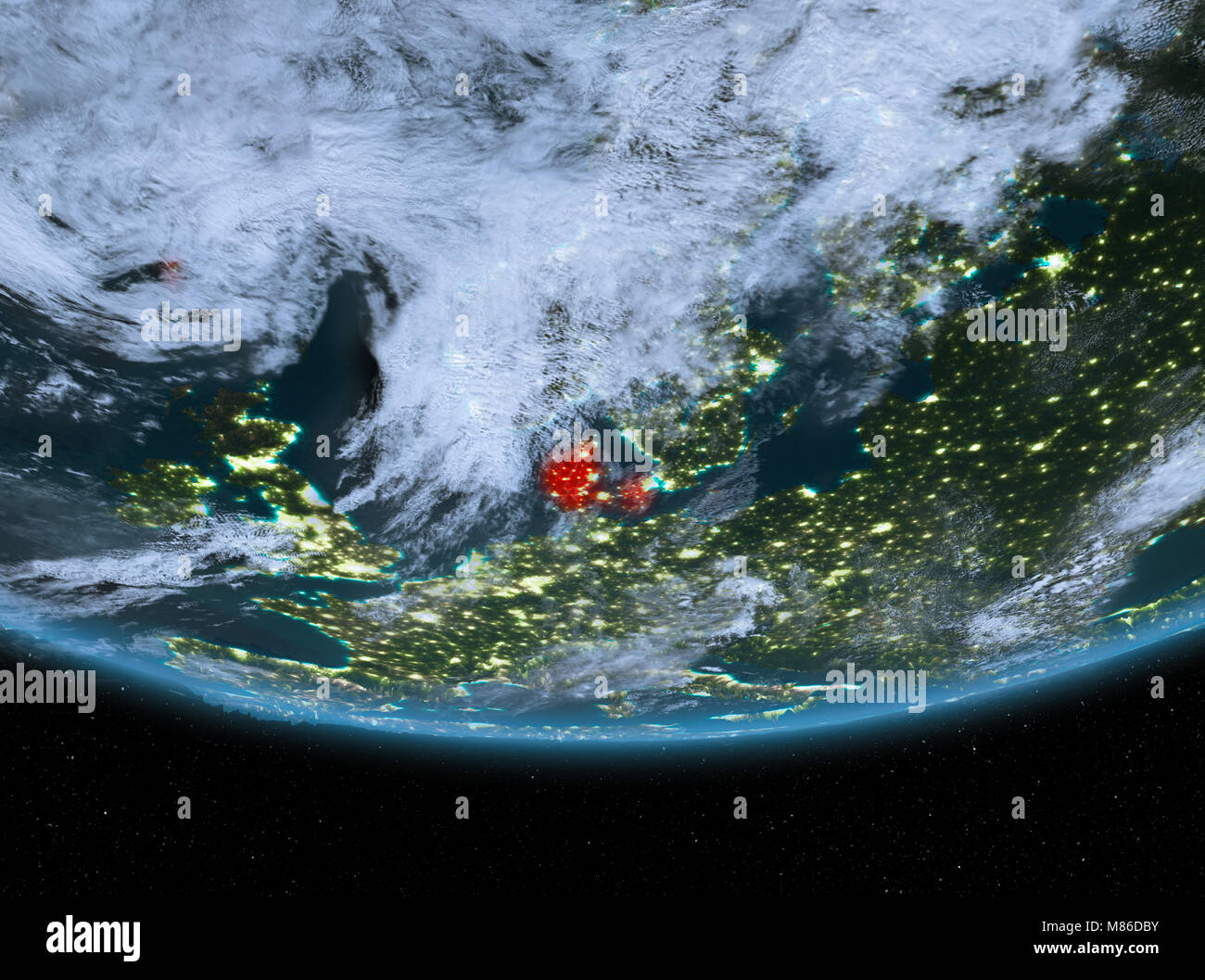 Denmark at night highlighted in red on planet Earth with clouds. 3D illustration. Elements of ...