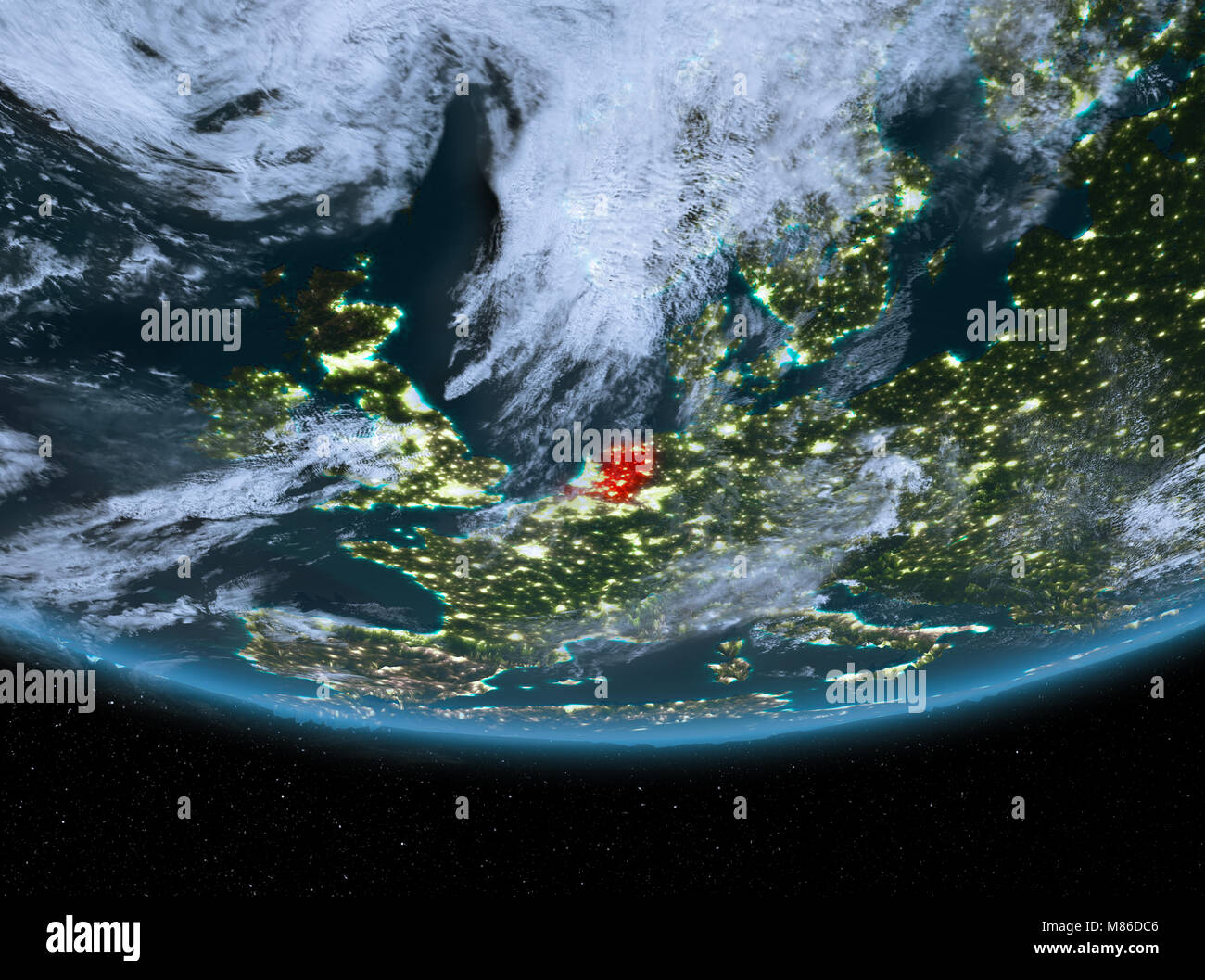 Netherlands at night highlighted in red on planet Earth with clouds. 3D ...