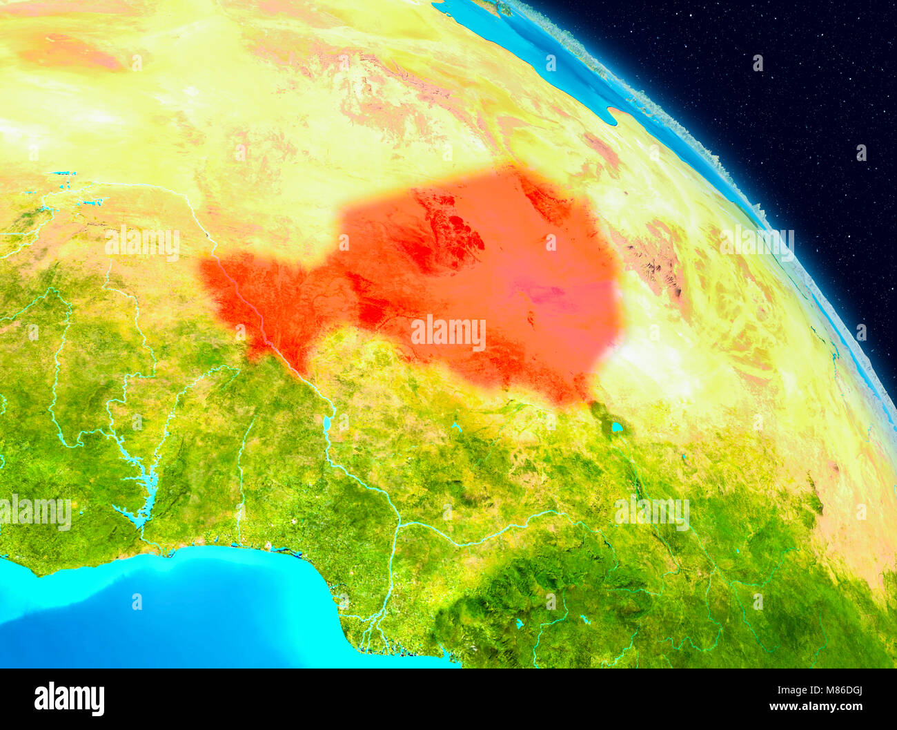 Space view of Niger highlighted in red on planet Earth. 3D illustration ...