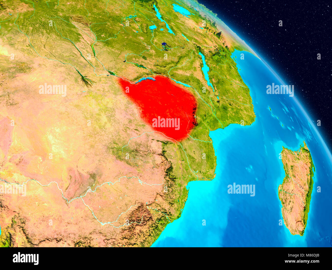 Space view of Zimbabwe highlighted in red on planet Earth. 3D ...