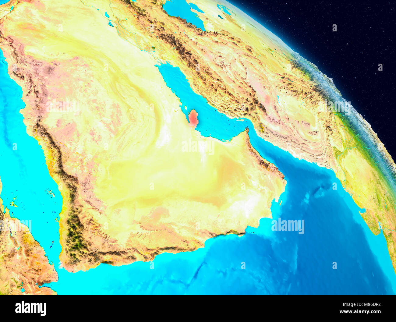 Space view of Qatar highlighted in red on planet Earth. 3D illustration ...