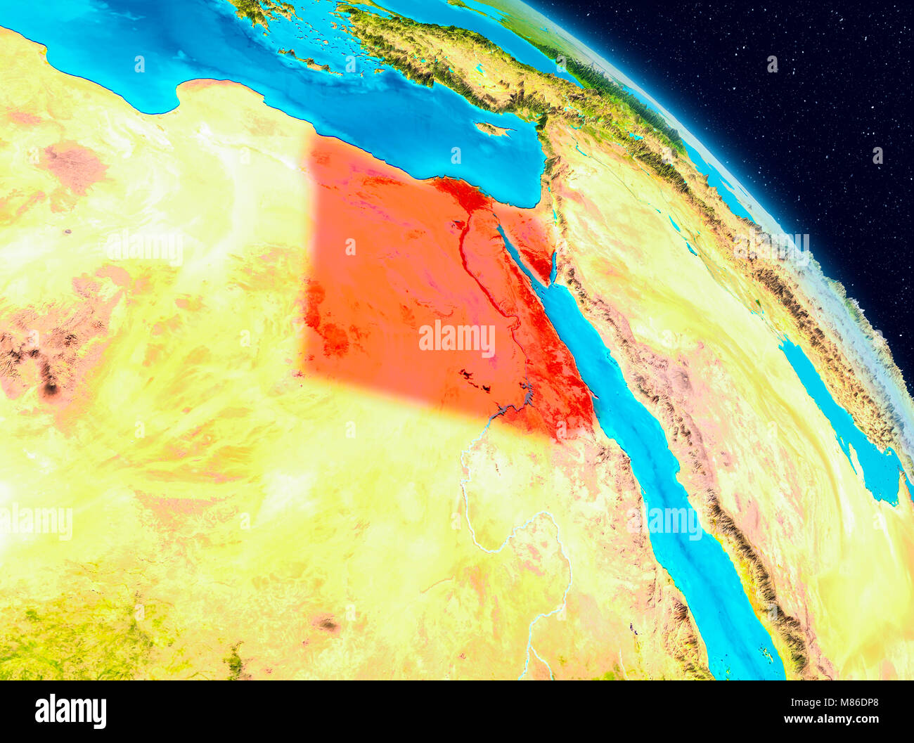 Space view of Egypt highlighted in red on planet Earth. 3D illustration ...