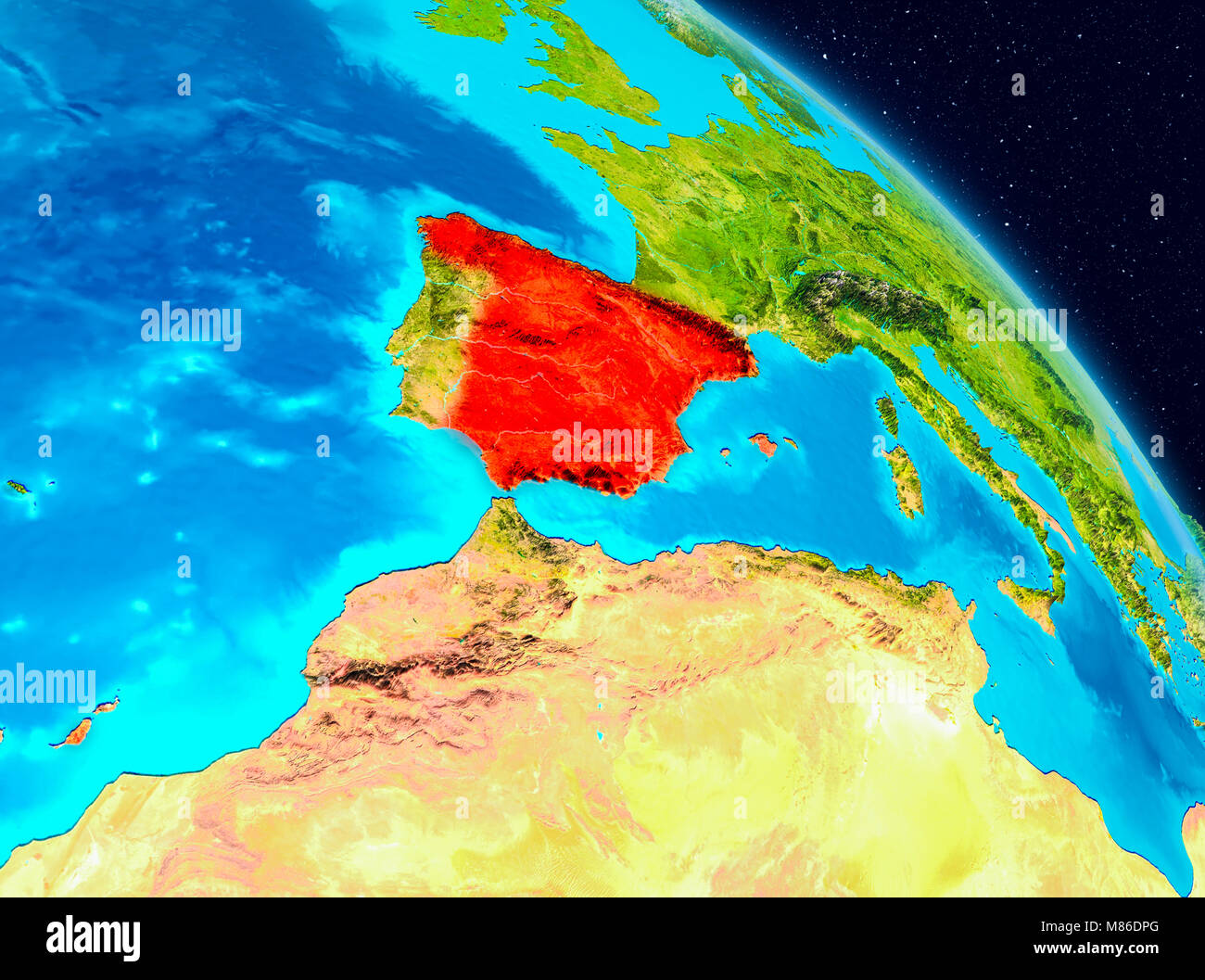 Space view of Spain highlighted in red on planet Earth. 3D illustration ...