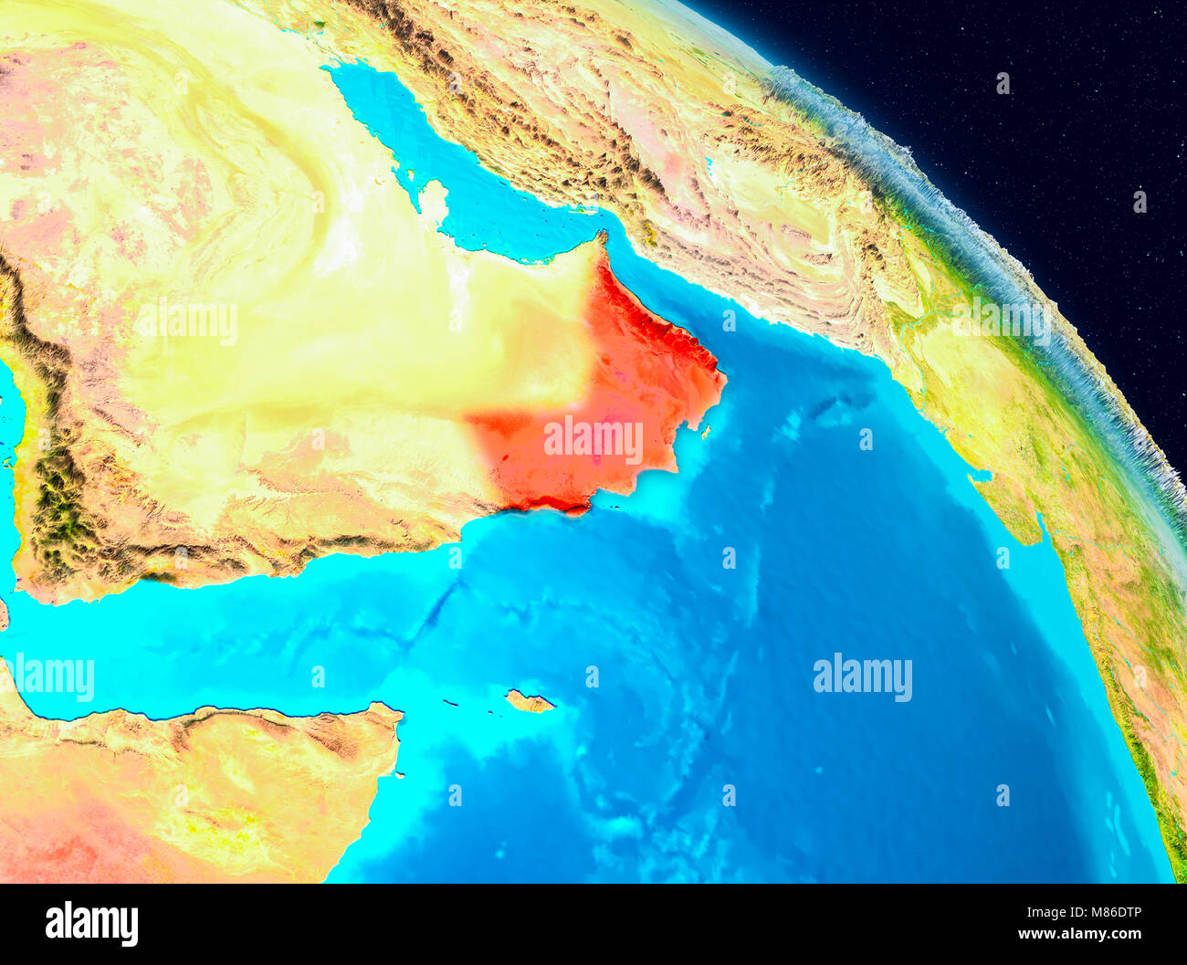 Space view of Oman highlighted in red on planet Earth. 3D illustration ...