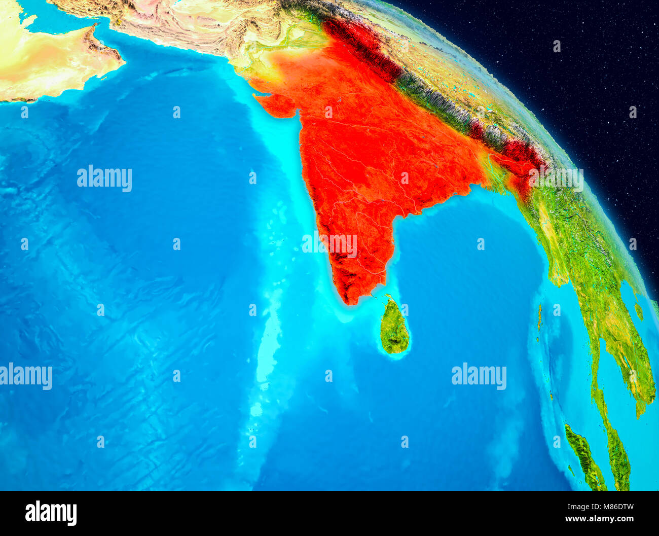 Space view of India highlighted in red on planet Earth. 3D illustration ...