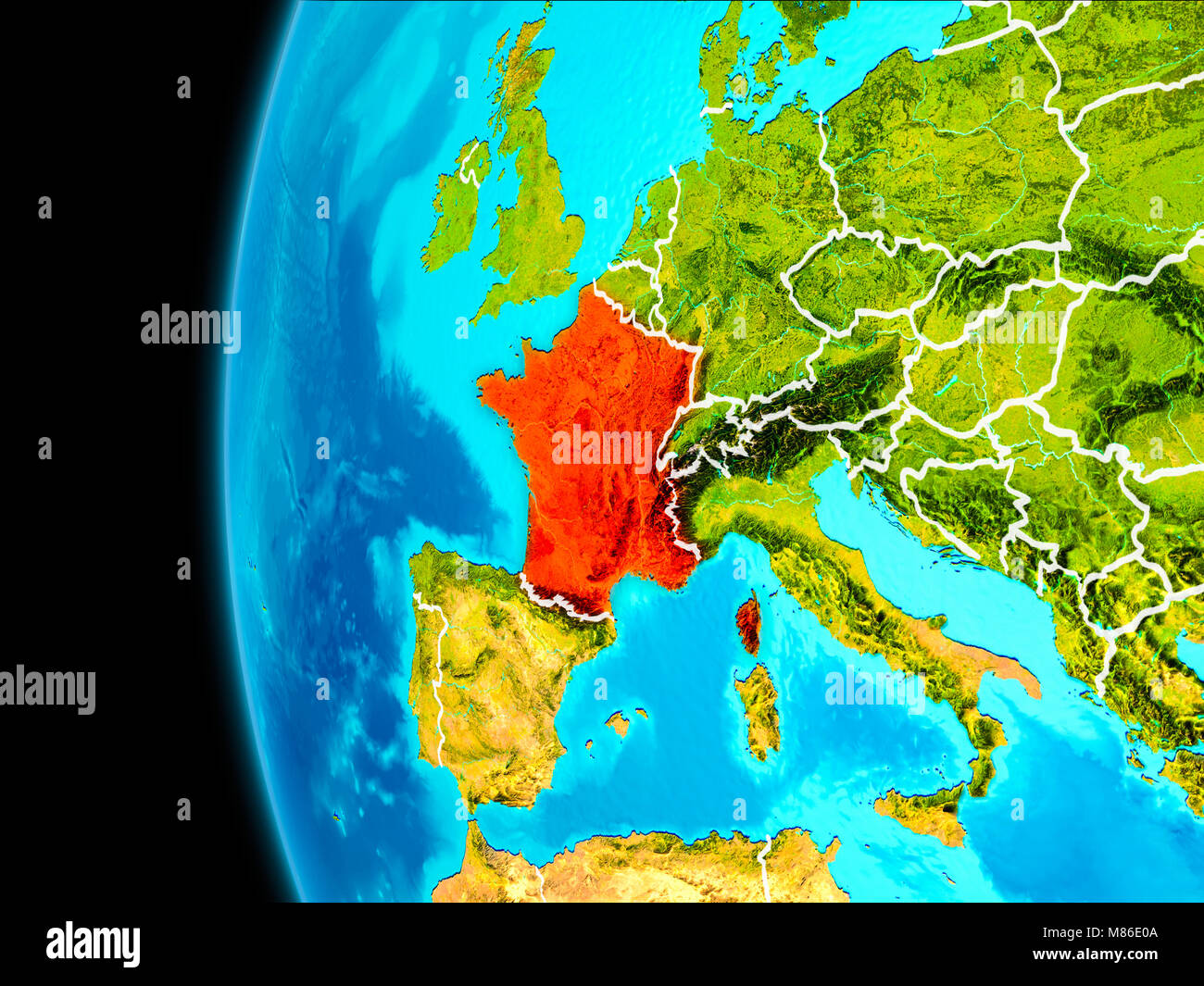 France as seen from Earth’s orbit on planet Earth highlighted in red ...