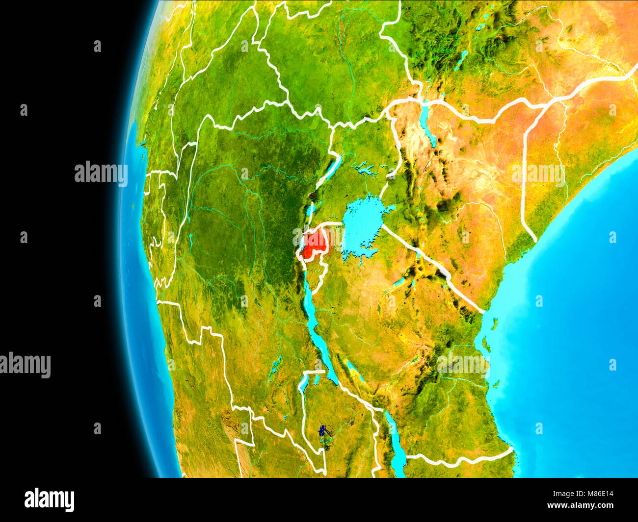 Rwanda as seen from Earth’s orbit on planet Earth highlighted in red with visible borders. 3D ...