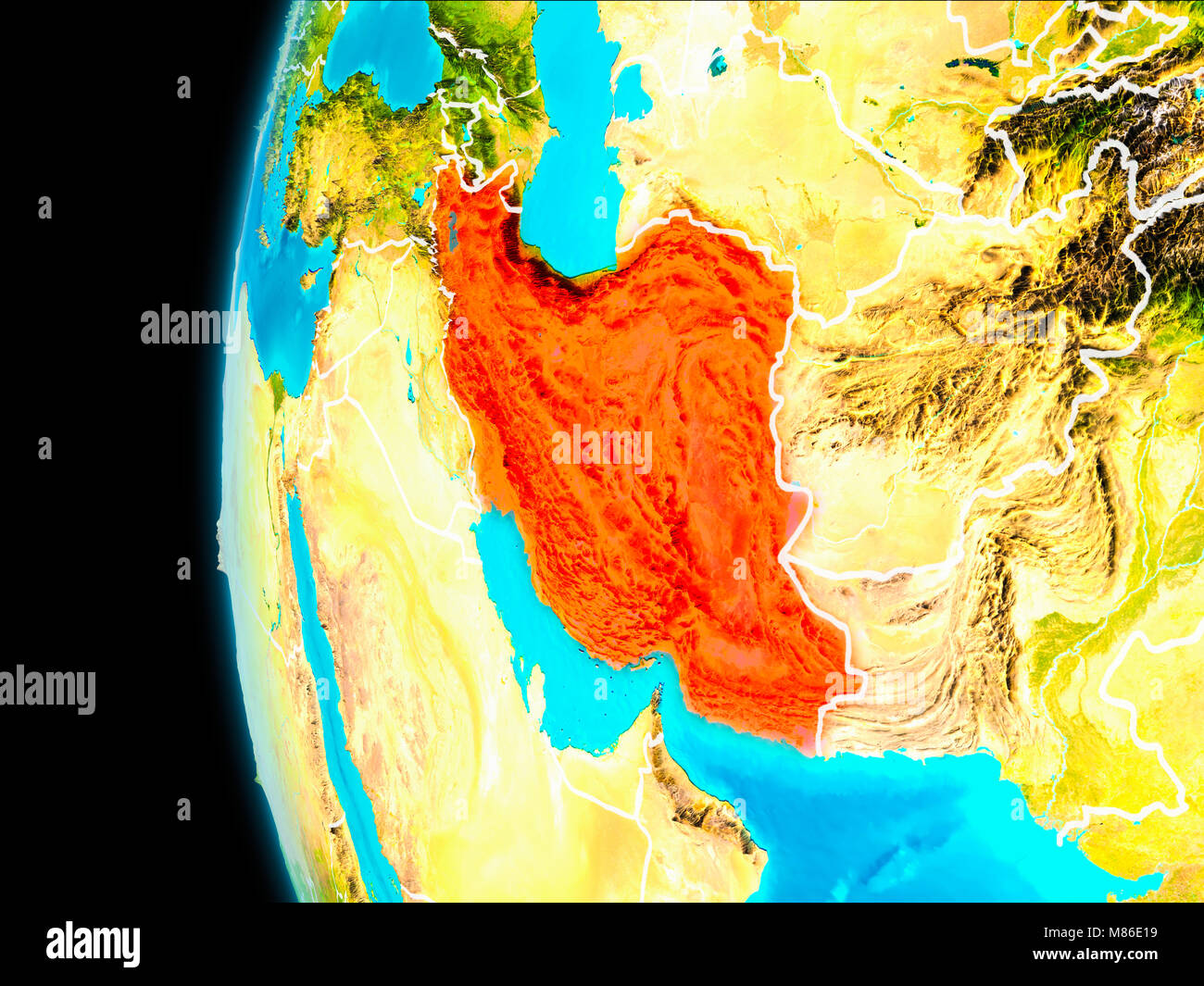 Iran as seen from Earth’s orbit on planet Earth highlighted in red with ...