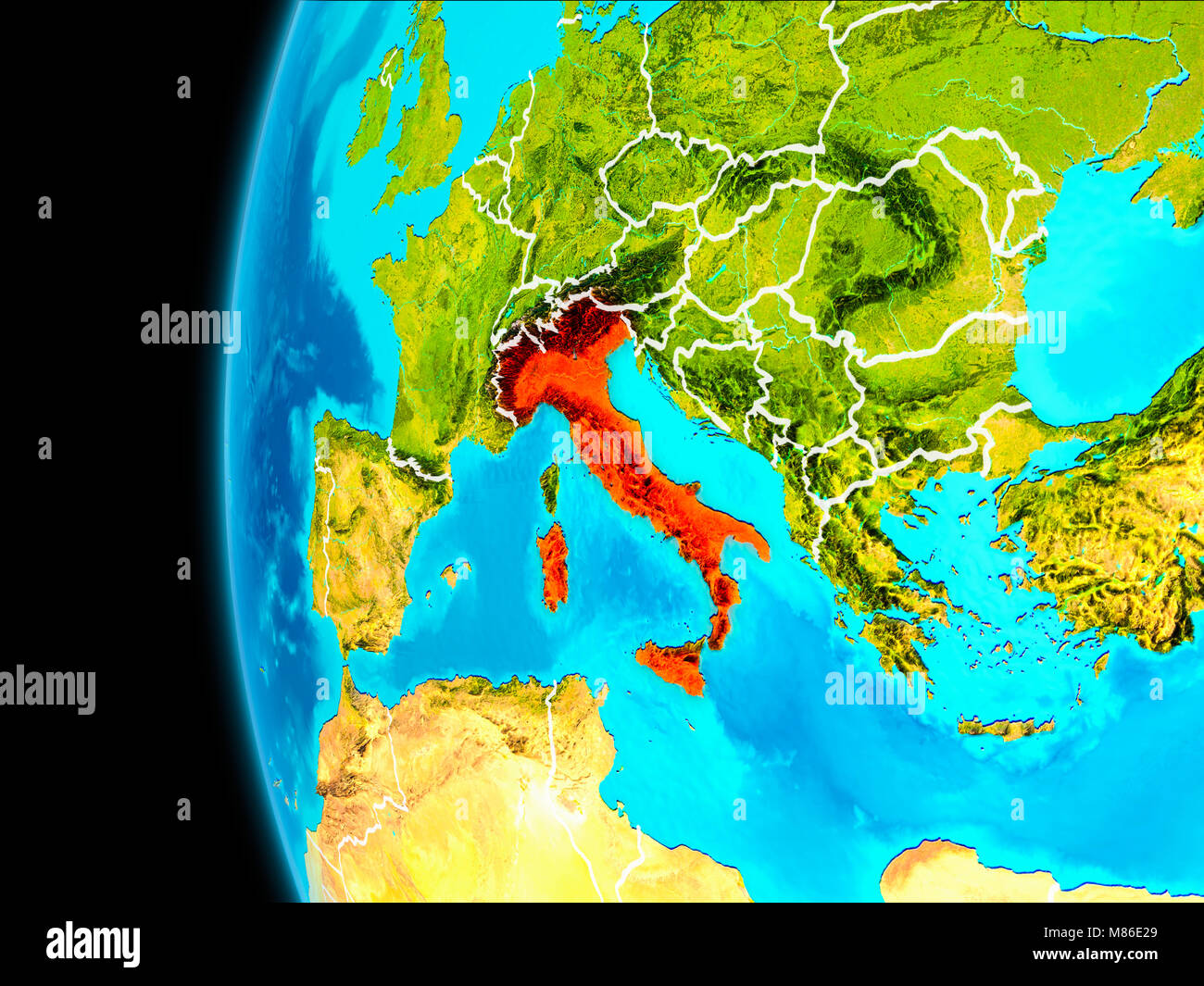 Italy as seen from Earth’s orbit on planet Earth highlighted in red ...