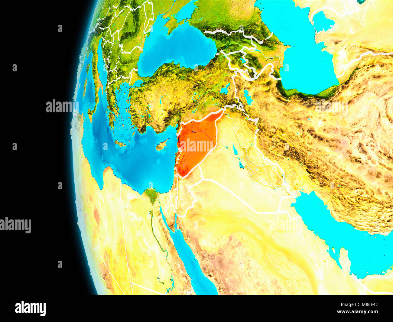 Syria as seen from Earth’s orbit on planet Earth highlighted in red ...