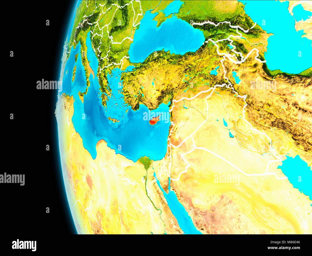 Cyprus as seen from Earth’s orbit on planet Earth highlighted in red ...