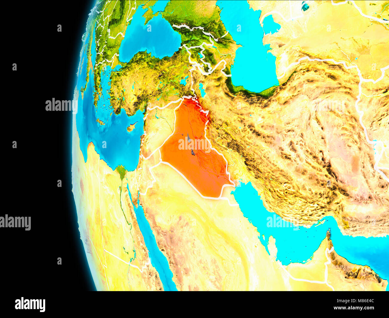 Iraq as seen from Earth’s orbit on planet Earth highlighted in red with ...