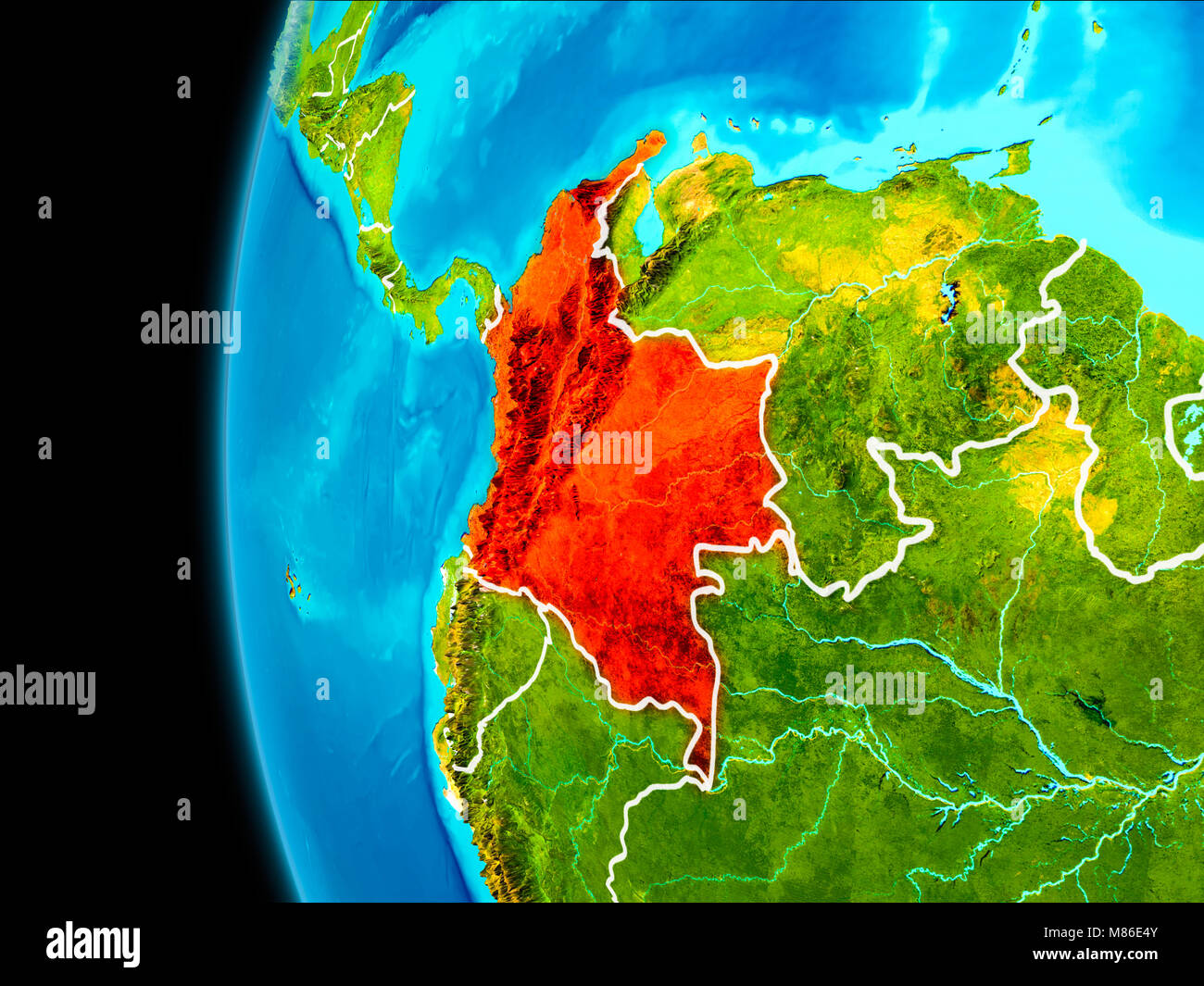 Colombia as seen from Earth’s orbit on planet Earth highlighted in red ...
