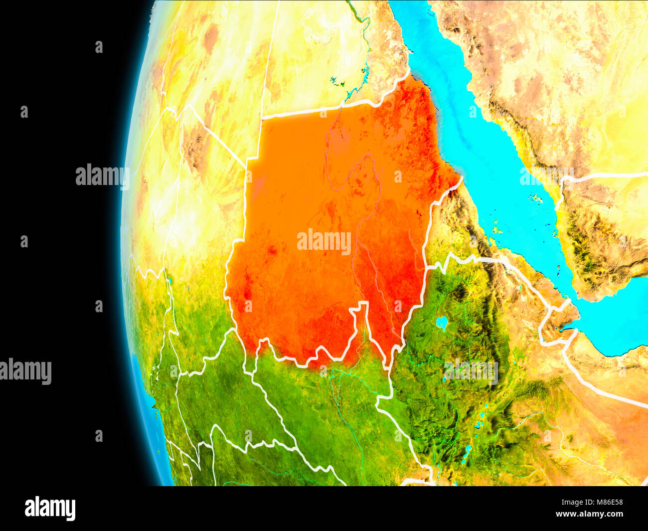 Sudan as seen from Earth’s orbit on planet Earth highlighted in red with visible borders. 3D ...