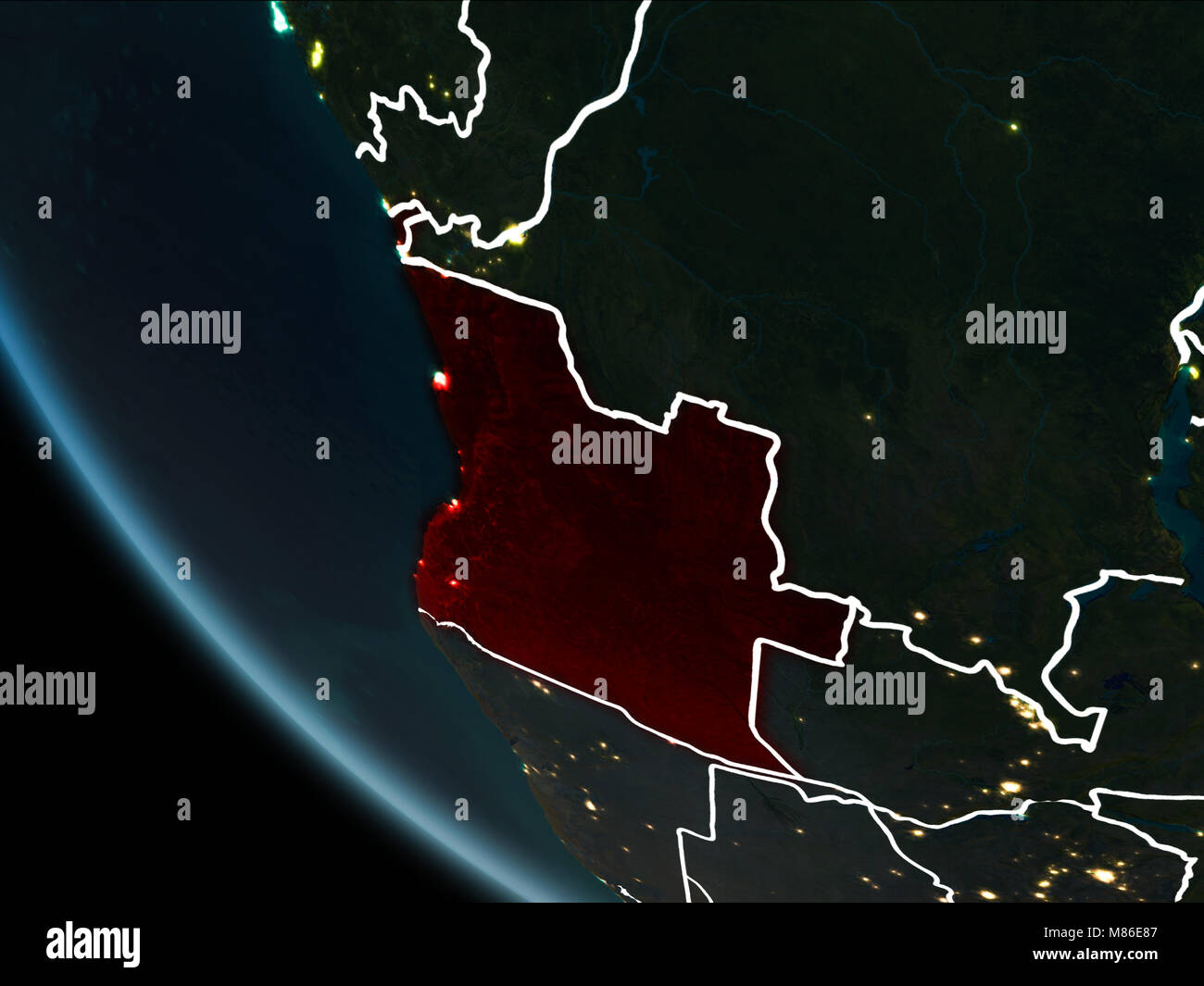 Satellite view of Angola highlighted in red on planet Earth at night ...