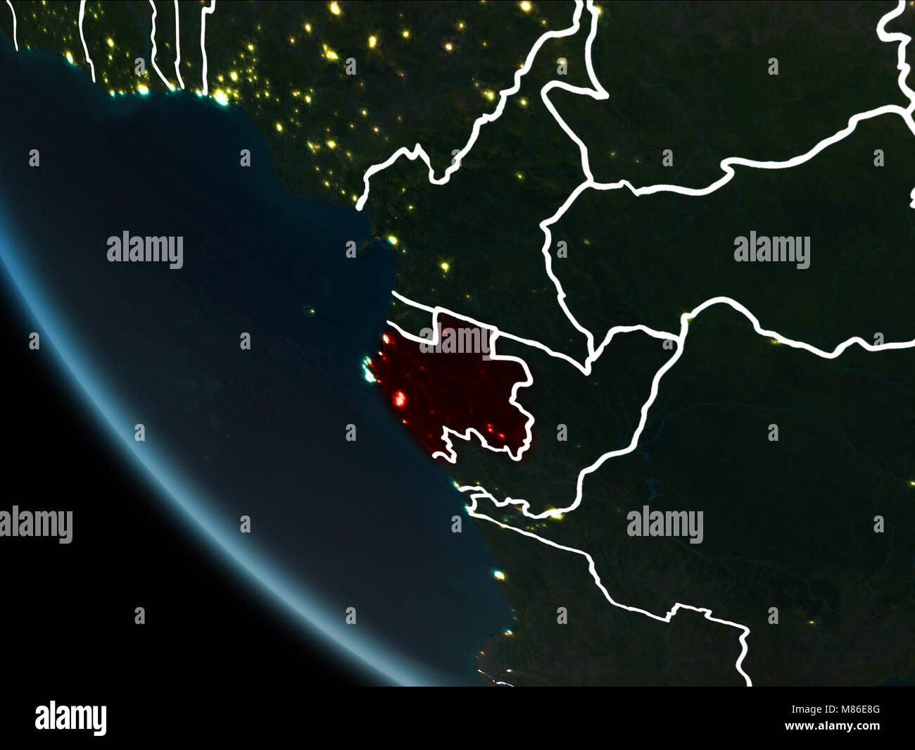 Satellite view of Gabon highlighted in red on planet Earth at night ...