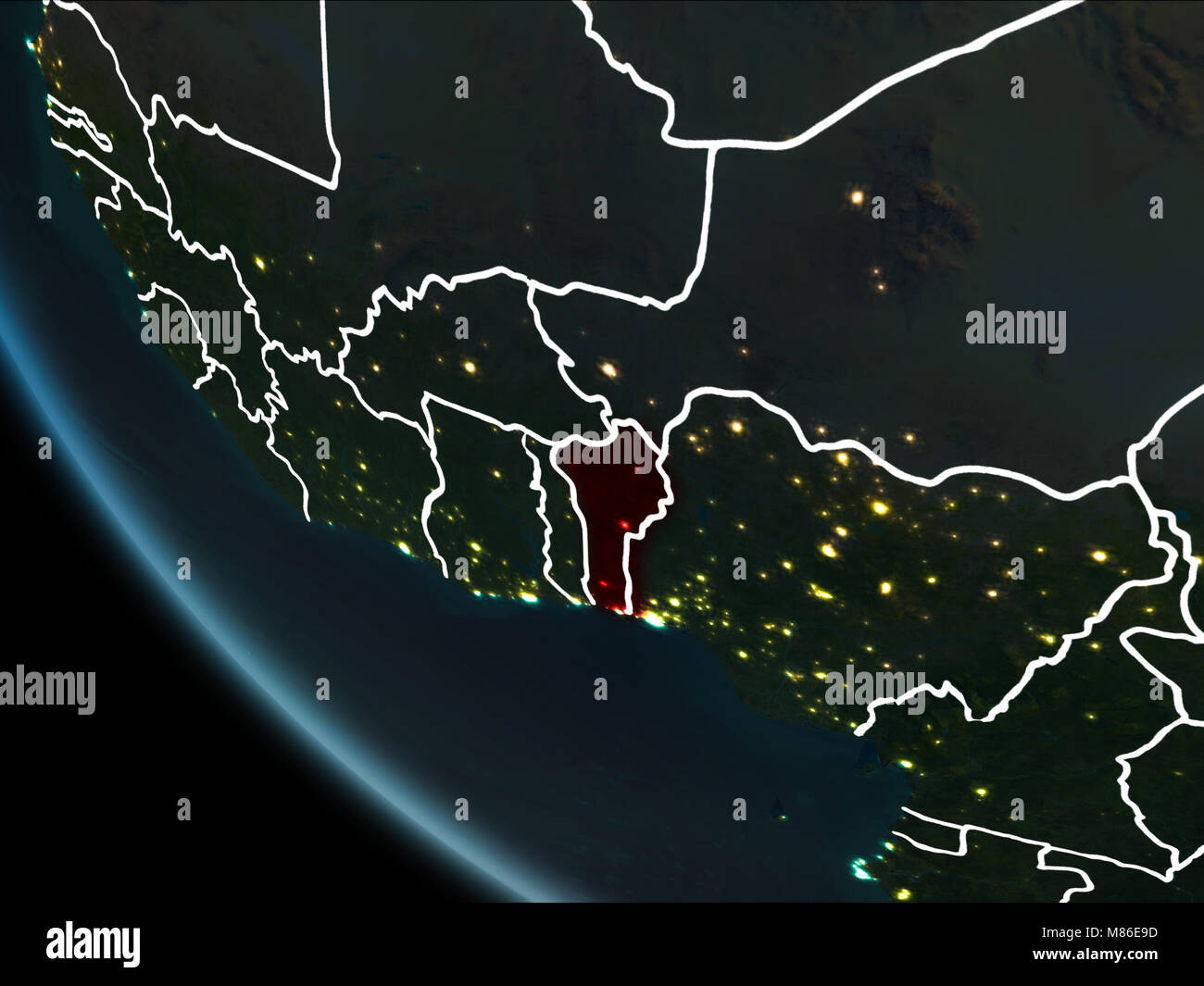 Satellite view of Benin highlighted in red on planet Earth at night ...