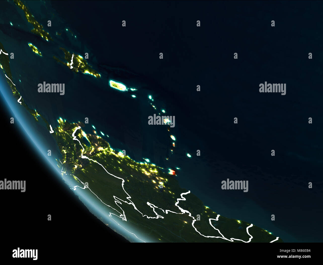 Satellite view of Caribbean highlighted in red on planet Earth at night with borderlines and ...