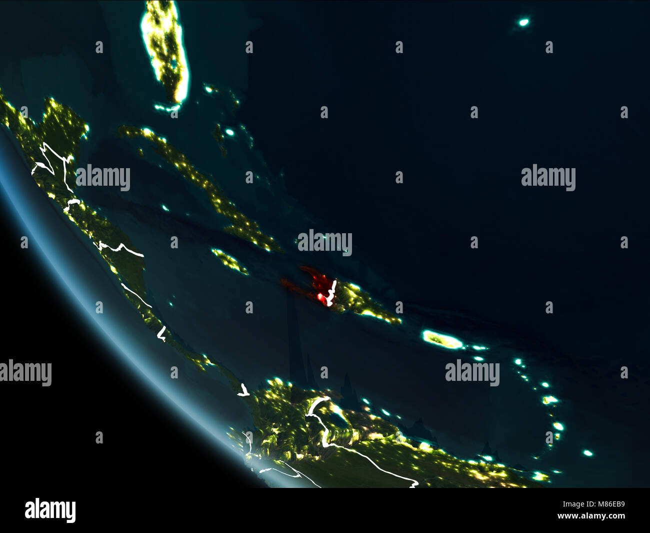 Satellite view of Haiti highlighted in red on planet Earth at night ...