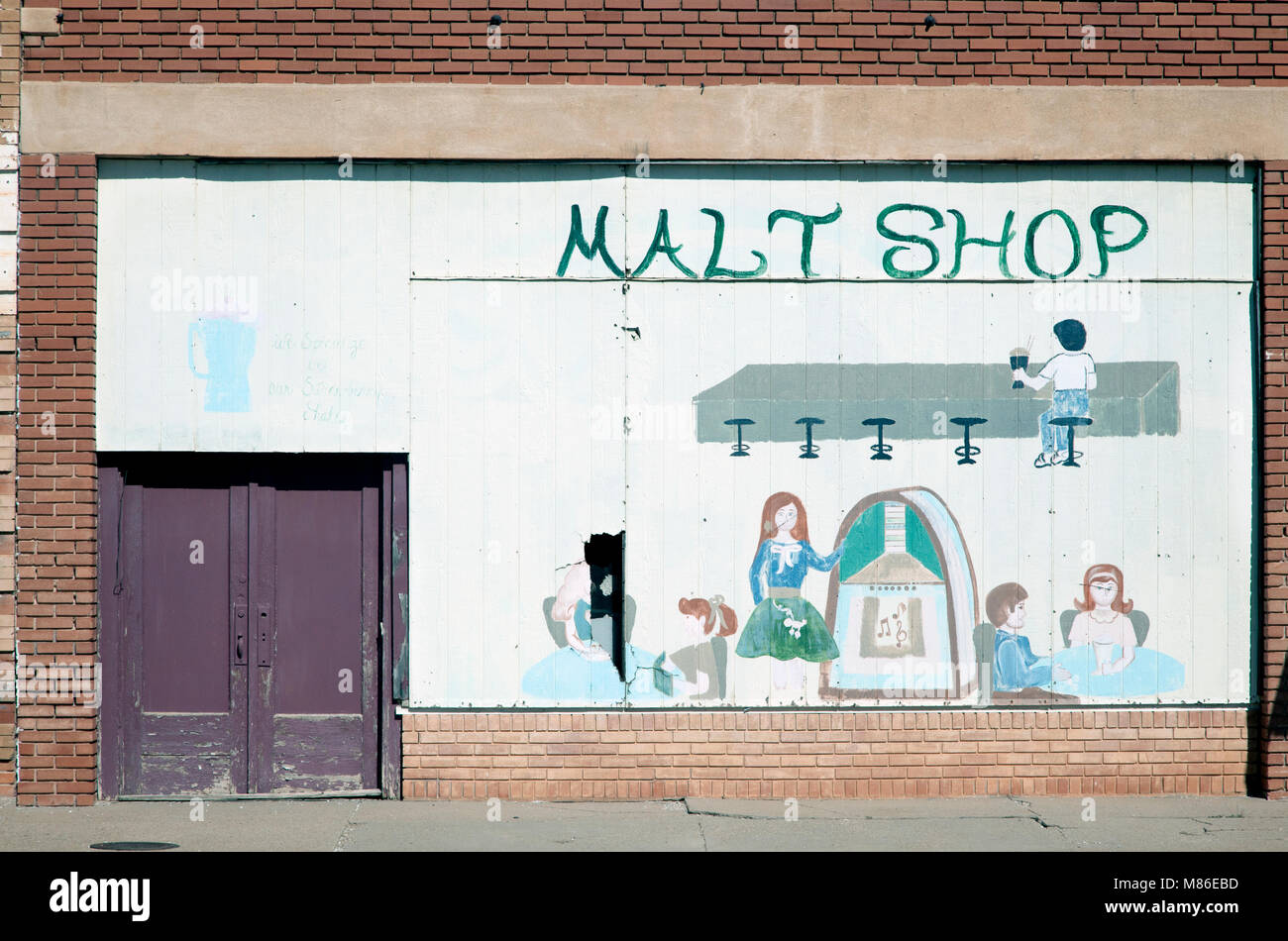 Americana Folk art malt shop window in brick building, US, 2017 Stock ...