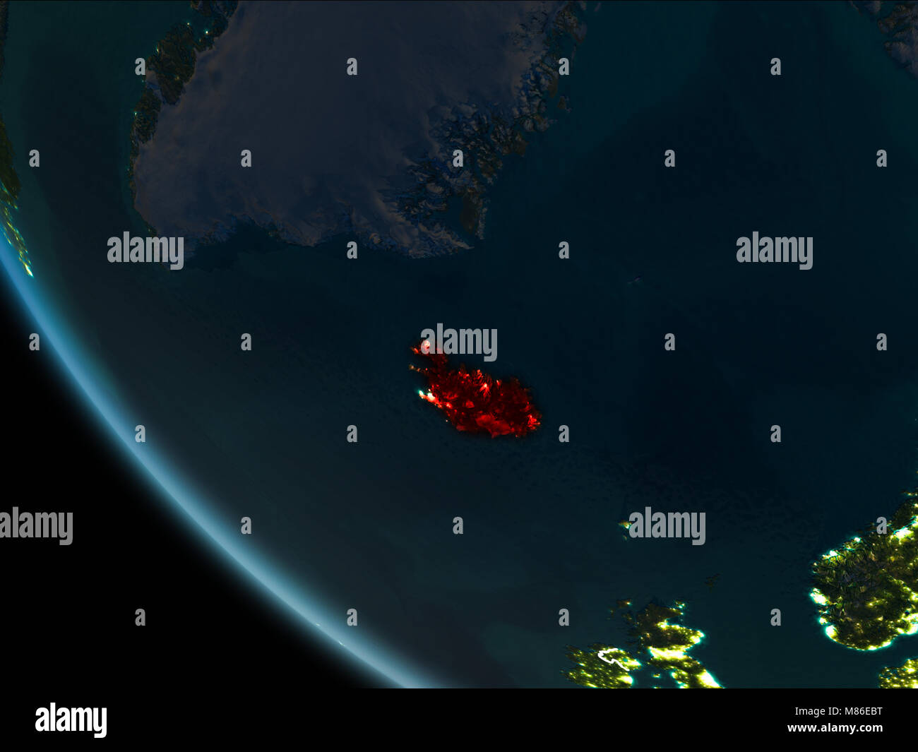 Satellite view of Iceland highlighted in red on planet Earth at night with borderlines and city ...