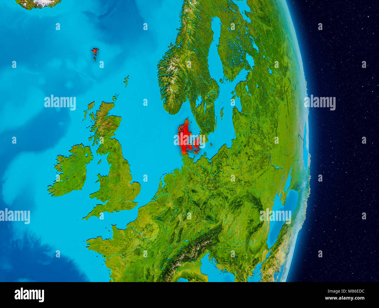 Country of Denmark in red on planet Earth. 3D illustration. Elements of ...